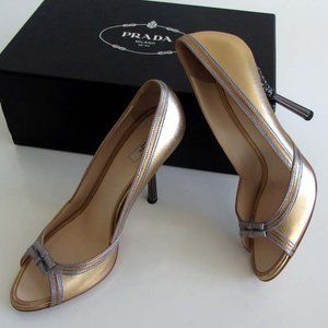 Prada | Shoes | Prada Jeweled Heel Gold Peeptoe Pumps 4 0 Us | Poshmark